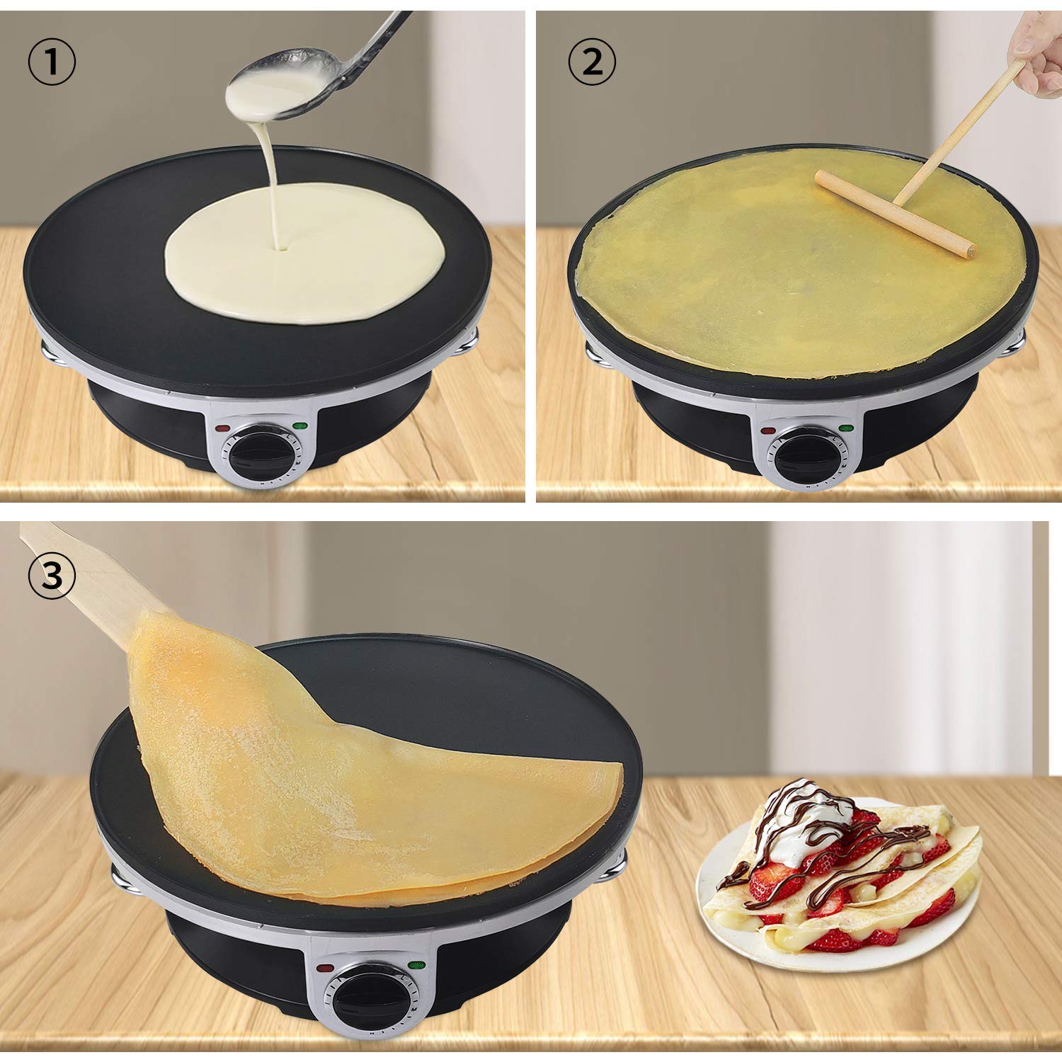 Health and Home Crepe Maker - 13 Inch Crepe Maker & Electric Griddle & Non-stick Pancake Maker-Crepe Pan (Silver-A)