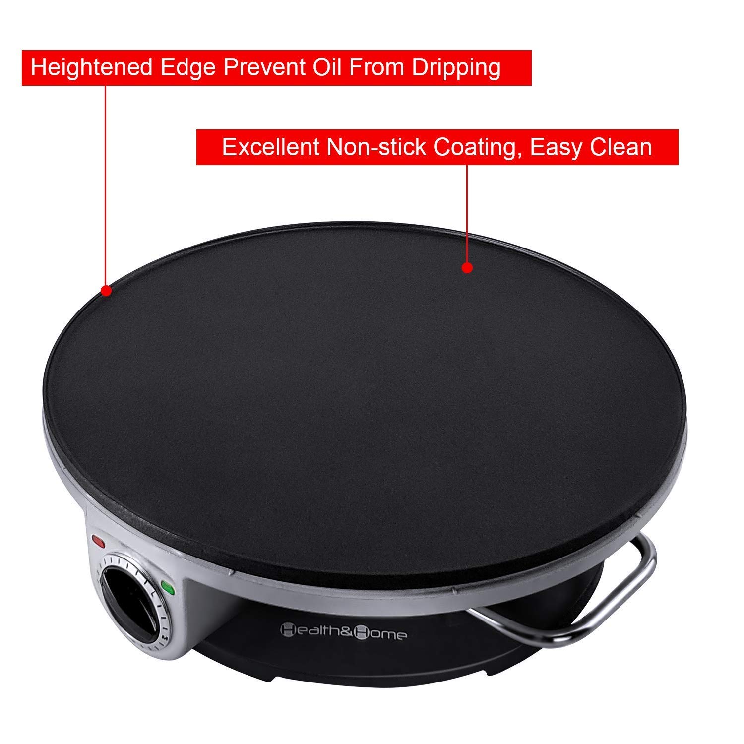 Health and Home Crepe Maker - 13 Inch Crepe Maker & Electric Griddle & Non-stick Pancake Maker-Crepe Pan (Silver-A)