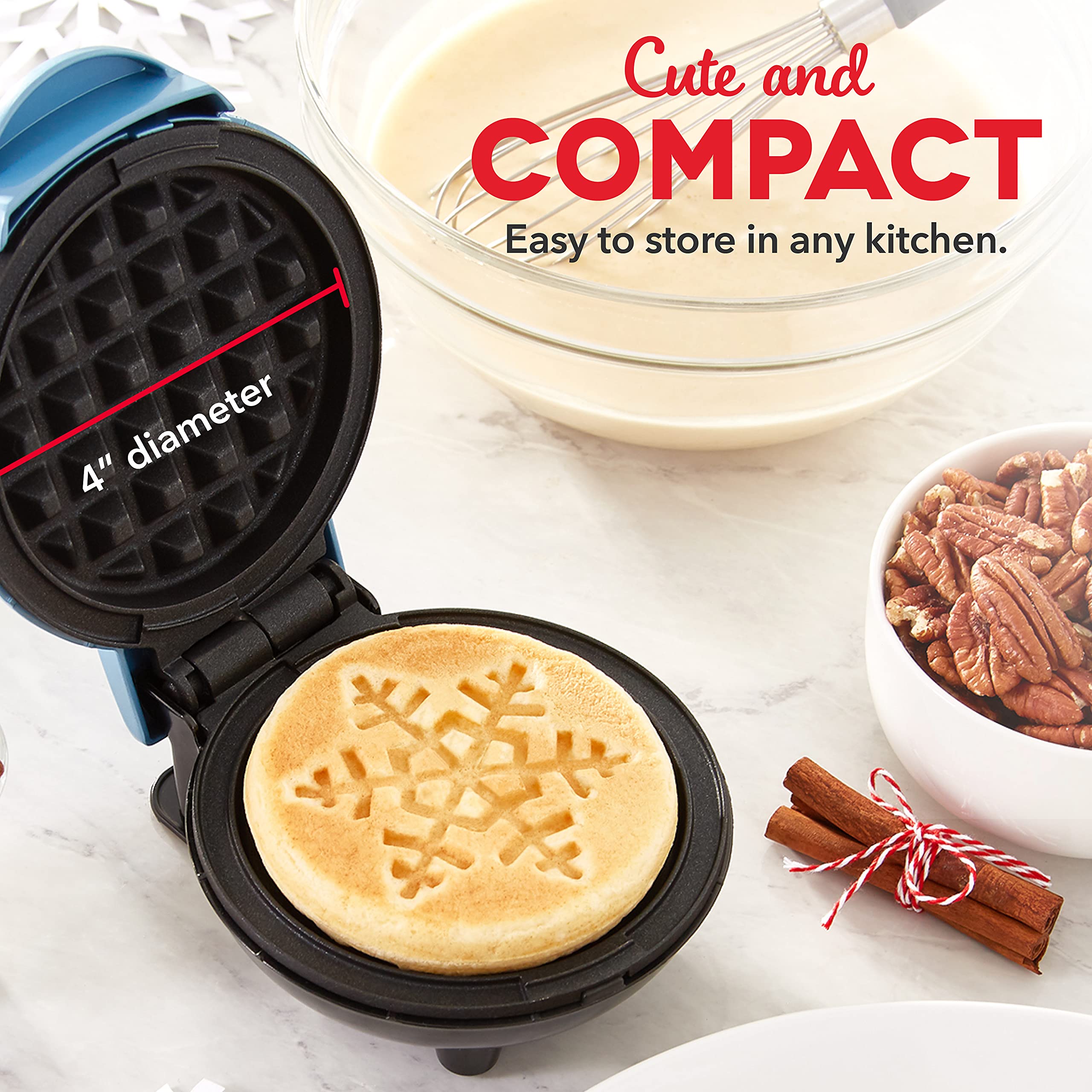 Dash Mini Waffle Maker (2 Pack) for Individual Waffles Hash Browns, Keto Chaffles with Easy to Clean, Non-Stick Surfaces, 4 Inch, Holiday (Snowflake + Gingerbread), Red and Metallic Blue