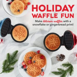 Dash Mini Waffle Maker (2 Pack) for Individual Waffles Hash Browns, Keto Chaffles with Easy to Clean, Non-Stick Surfaces, 4 Inch, Holiday (Snowflake + Gingerbread), Red and Metallic Blue