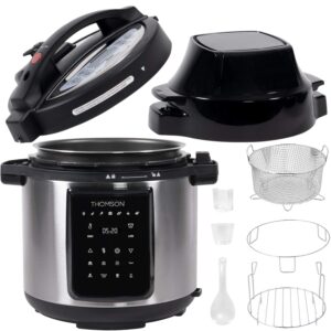 thomson tfpc607 9-in-1 pressure cooker and air fryer with dual lid, slow cooker and more, digital touch display, 6.5 qt capacity, included cooking accessories - stainless steel