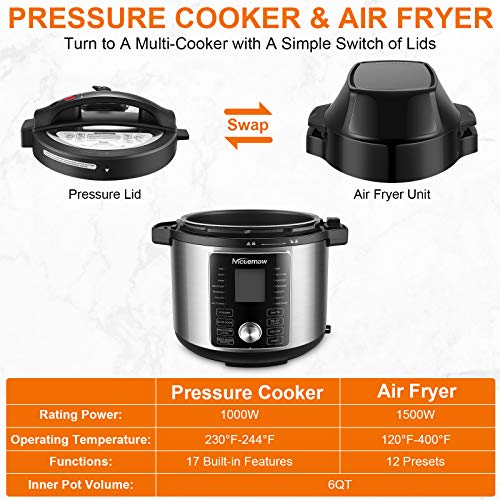 Nictemaw17-in-1 Electric Pressure Cooker, 1500W 6QT Air Fryer Electric Pressure Cooker Combo, Slow Cooker, Multi-Cooker, and More, Included Basket Rack/ Recipe Book