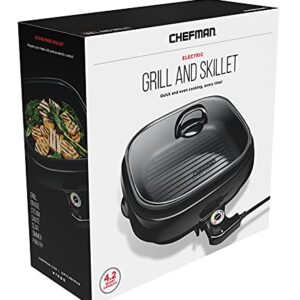 Chefman Electric Grill And Skillet Ridged Surface, Braise, Steam, Sauté, Sear, Pan Fry, Adjustable Temperature, 4.2-Quart, Black-Square