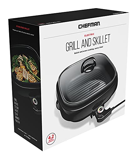 Chefman Electric Grill And Skillet Ridged Surface, Braise, Steam, Sauté, Sear, Pan Fry, Adjustable Temperature, 4.2-Quart, Black-Square