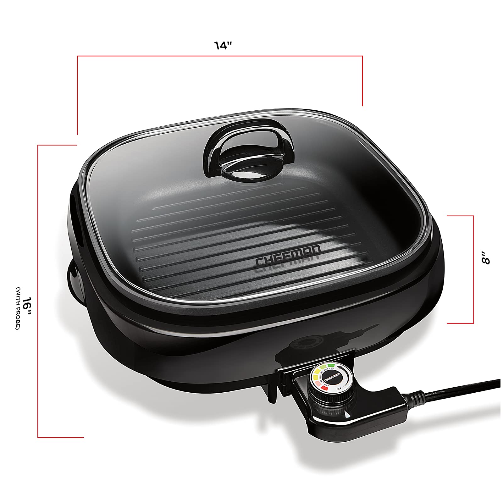 Chefman Electric Grill And Skillet Ridged Surface, Braise, Steam, Sauté, Sear, Pan Fry, Adjustable Temperature, 4.2-Quart, Black-Square