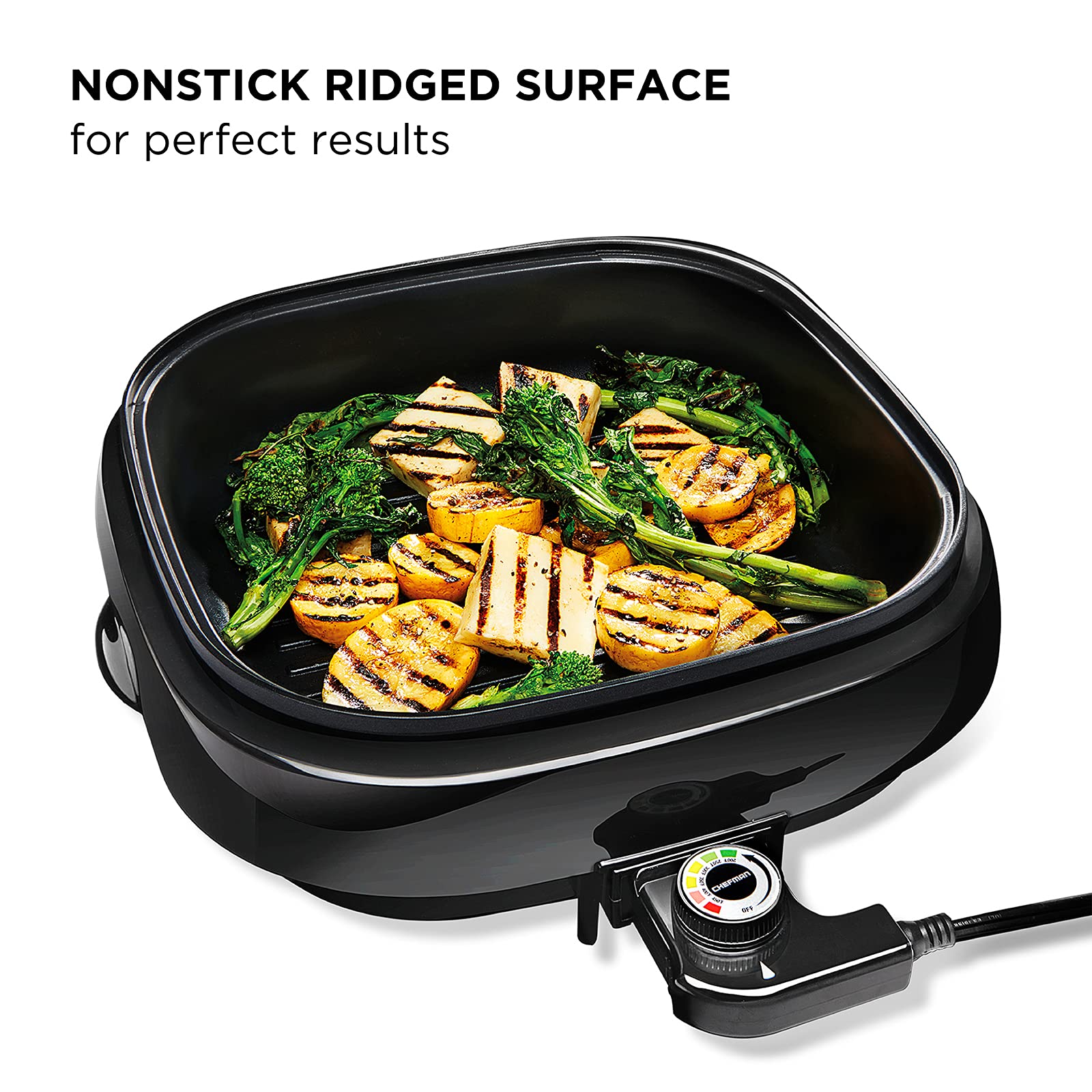 Chefman Electric Grill And Skillet Ridged Surface, Braise, Steam, Sauté, Sear, Pan Fry, Adjustable Temperature, 4.2-Quart, Black-Square