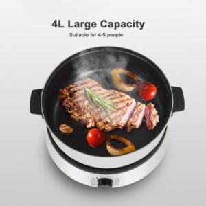 Multifunctional Split Electric hot Pot, Non-Stick Skillet,Large Capacity 4L for 6~8 people,with Temperature Control Fry, Soup, Stew, Grilling, White, 13.39×8.66×14.17 inches (HDJ-1350)