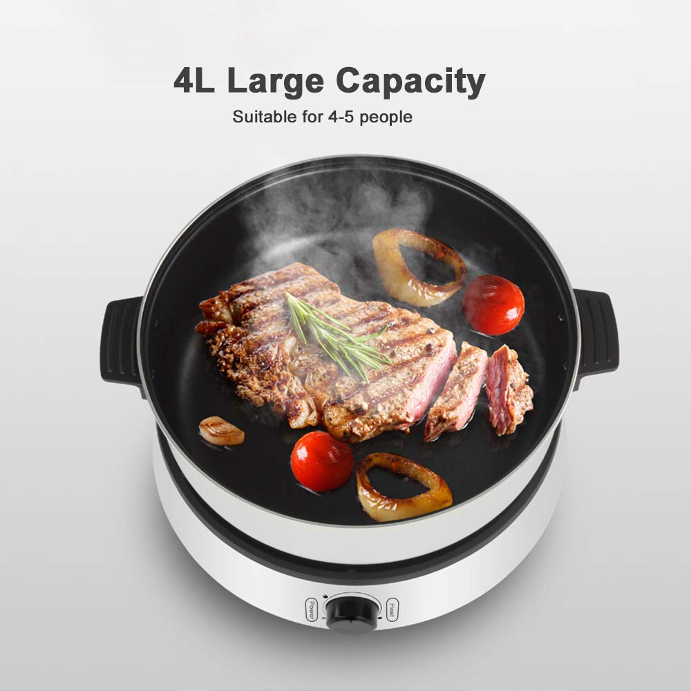 Multifunctional Split Electric hot Pot, Non-Stick Skillet,Large Capacity 4L for 6~8 people,with Temperature Control Fry, Soup, Stew, Grilling, White, 13.39×8.66×14.17 inches (HDJ-1350)