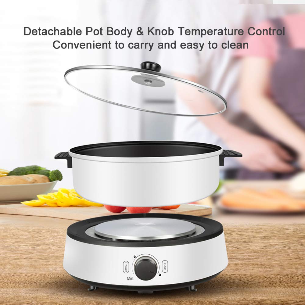 Multifunctional Split Electric hot Pot, Non-Stick Skillet,Large Capacity 4L for 6~8 people,with Temperature Control Fry, Soup, Stew, Grilling, White, 13.39×8.66×14.17 inches (HDJ-1350)