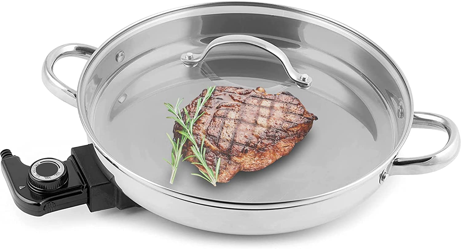 11.8-Inch Capacity Electric Skillet - for Simmer Fry Bake Steam (Silver)