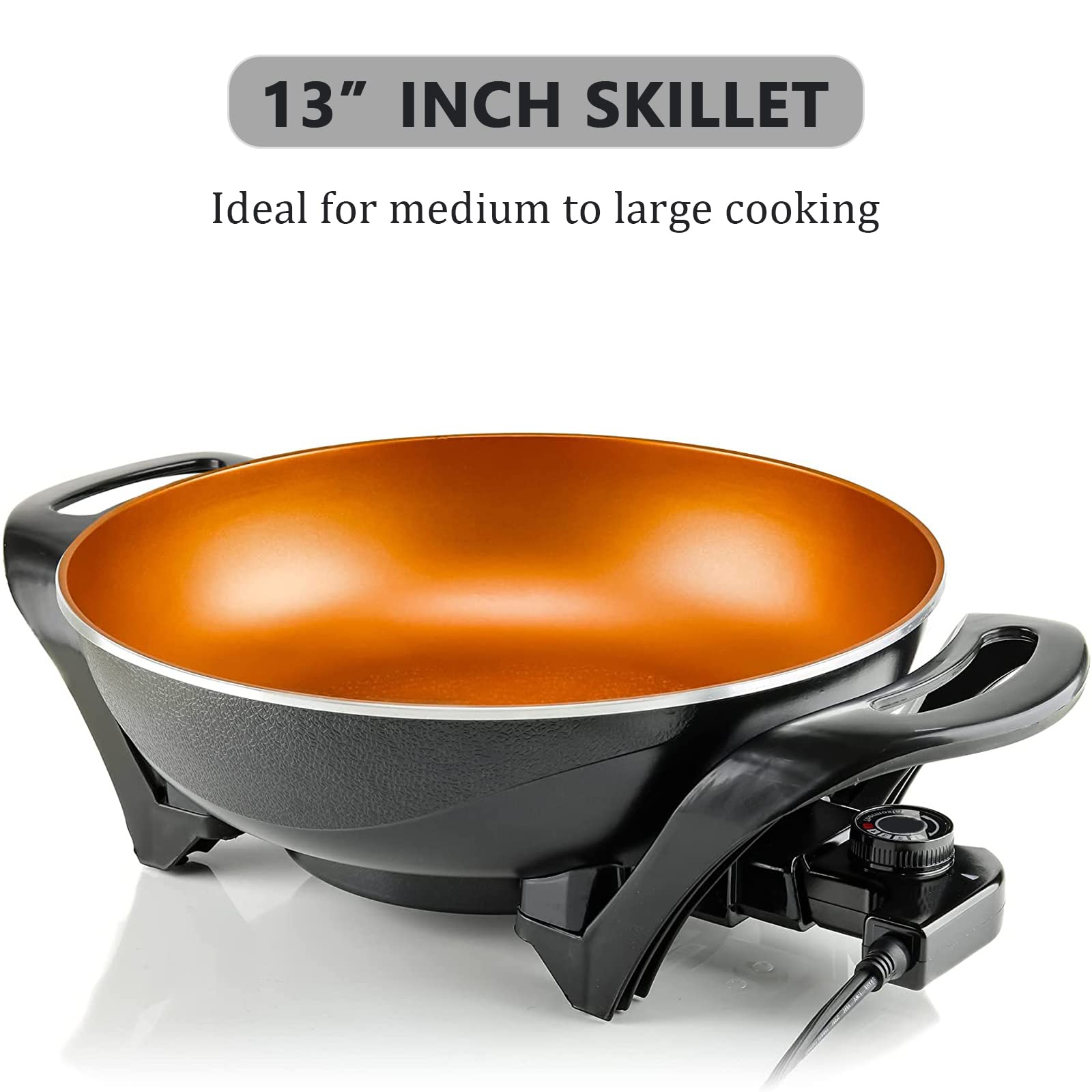 13" Nonstick Electric Skillet - for Fry Bake Steam Simmer (5Qt, Copper)