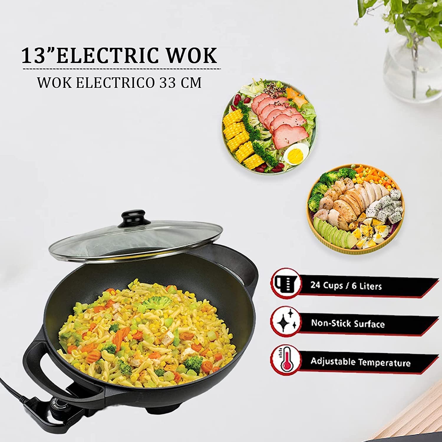 13 Inch Electric Skillet Nonstick - with Glass Lid (6Qt)