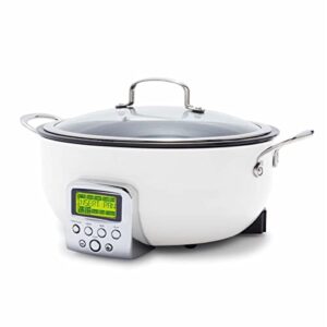 greenpan elite essential smart electric 6qt skillet pot,sear saute stir-fry and cook rice, healthy ceramic nonstick and dishwasher safe parts, easy-to-use led display, pfas-free, cream white