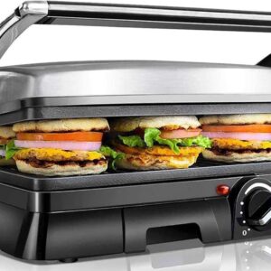 Aigostar Panini Press, 4 Slice Panini Press Grill with Temperature Control, 1400W Sandwich Maker Electric Indoor Grill with Non-Stick Plates, Opens 180 Degrees for Any Size Food, Removable Drip Tray