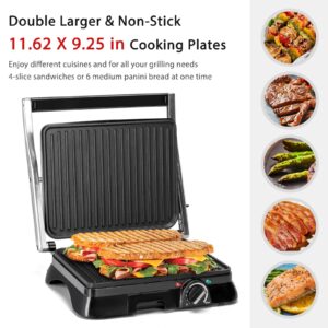 Aigostar Panini Press, 4 Slice Panini Press Grill with Temperature Control, 1400W Sandwich Maker Electric Indoor Grill with Non-Stick Plates, Opens 180 Degrees for Any Size Food, Removable Drip Tray