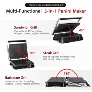 Aigostar Panini Press, 4 Slice Panini Press Grill with Temperature Control, 1400W Sandwich Maker Electric Indoor Grill with Non-Stick Plates, Opens 180 Degrees for Any Size Food, Removable Drip Tray