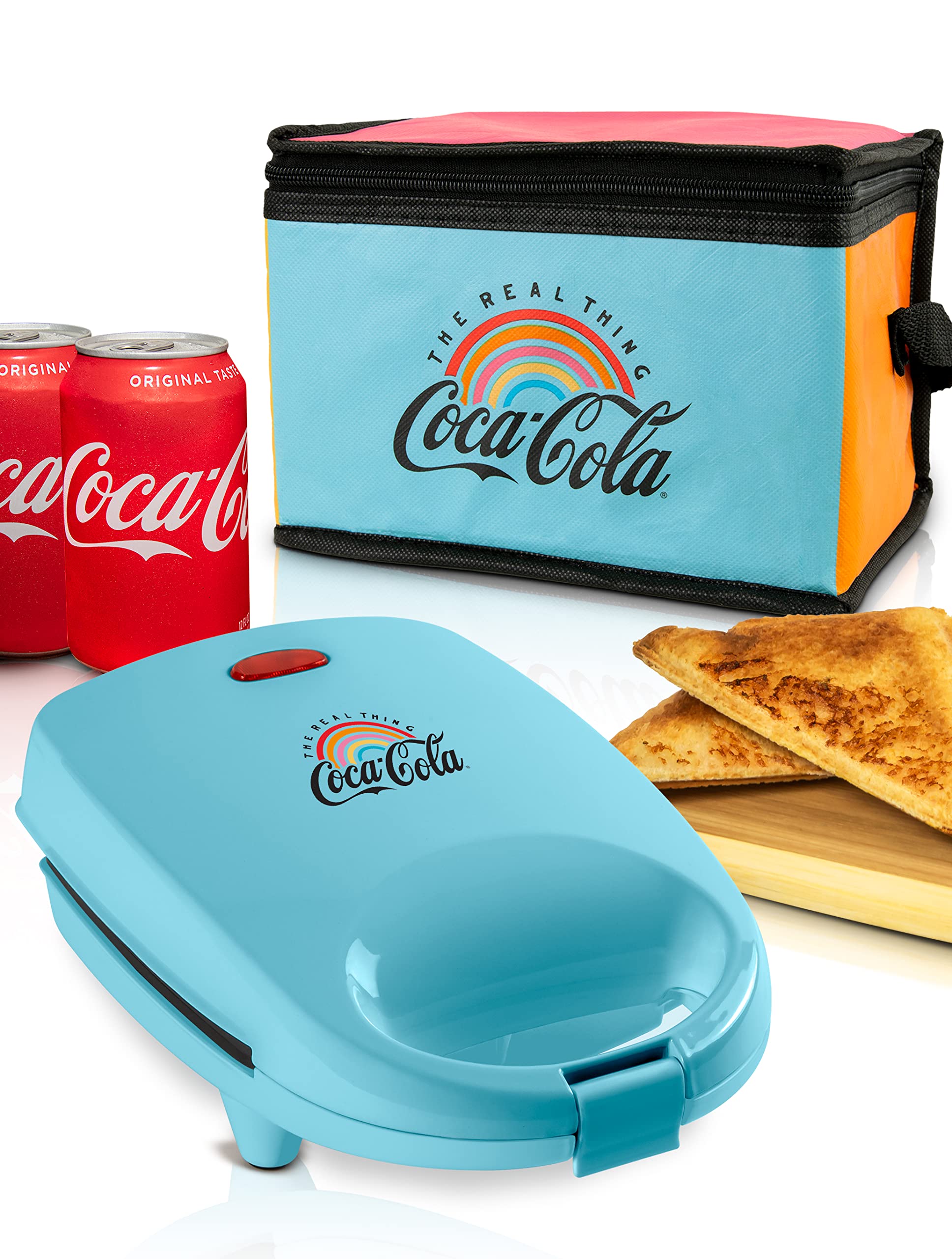 Nostalgia Coca-Cola Sandwich Maker with Beverage Cooler Bag, Non-Stick Panini Press with Lock Feature, Peace and Harmony