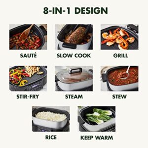 GreenPan Stainless Steel 8-in-1 Skillet Grill & Slow Cooker, Presets to Saute Steam Stir-Fry and Cook Rice, Healthy Ceramic Nonstick and Dishwasher Safe Parts, Easy-to-use LED Display