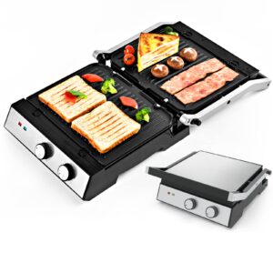 felayza smokeless indoor electric grill & panini press, 8-serving, nonstick removable plate, temp & time adjustable, indoor table aluminum grill with removable drip tray for bbq, sandwich, pancake etc