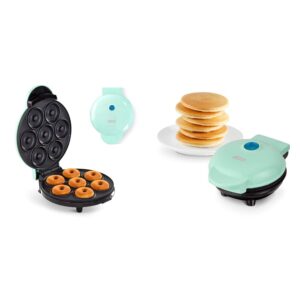 dash mini donut maker machine for kid-friendly breakfast,snacks,desserts & more, makes 7 doughnuts - aqua & dms001aq mini maker electric round griddle,with indicator light + included recipe book, aqua