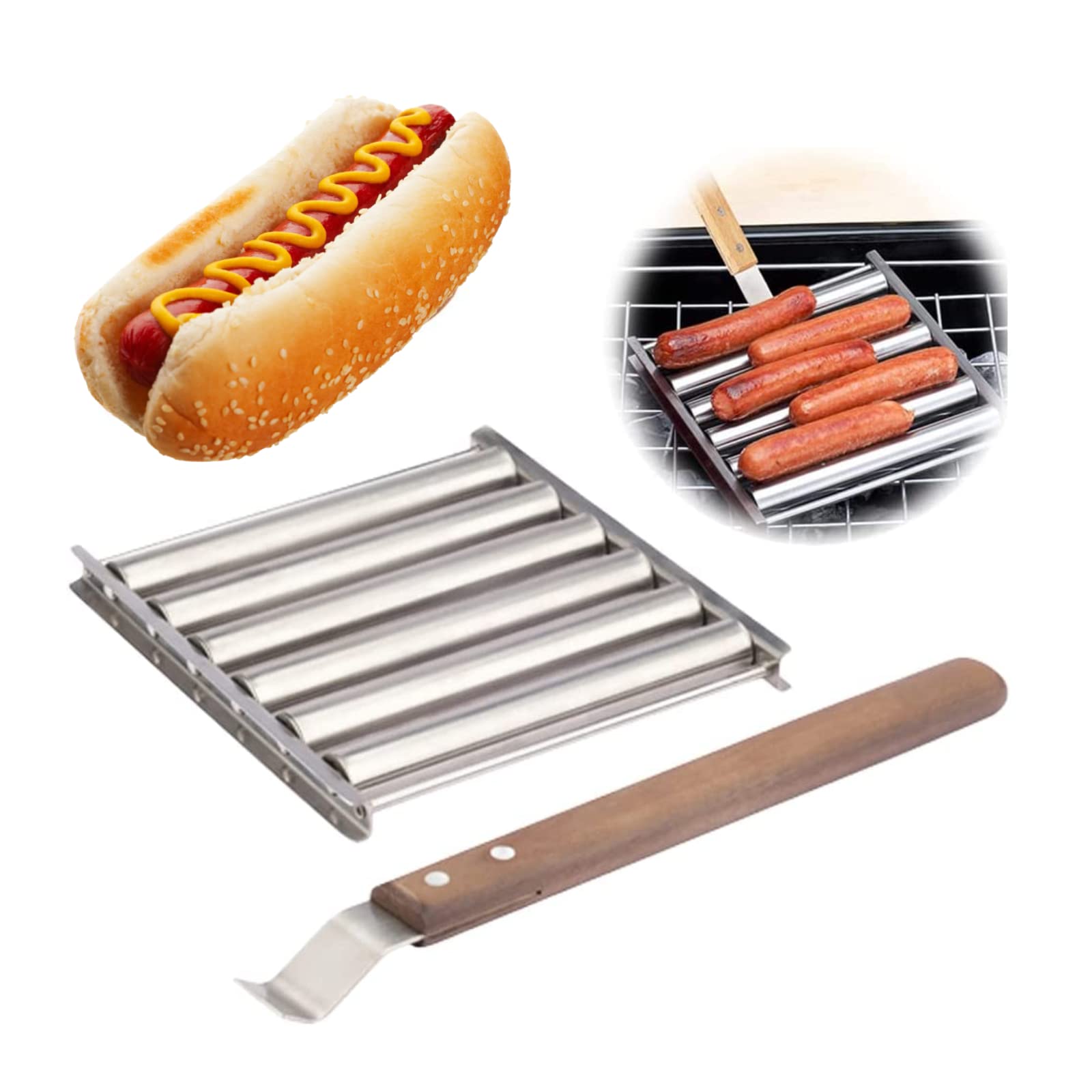 Hot Dog Roller,Dismantle The Hot Dog Rack, Sausage Grill, Wooden Handle, Stainless Steel BBQ Hot Dog Rack, Stainless Steel Hot Dog Rack