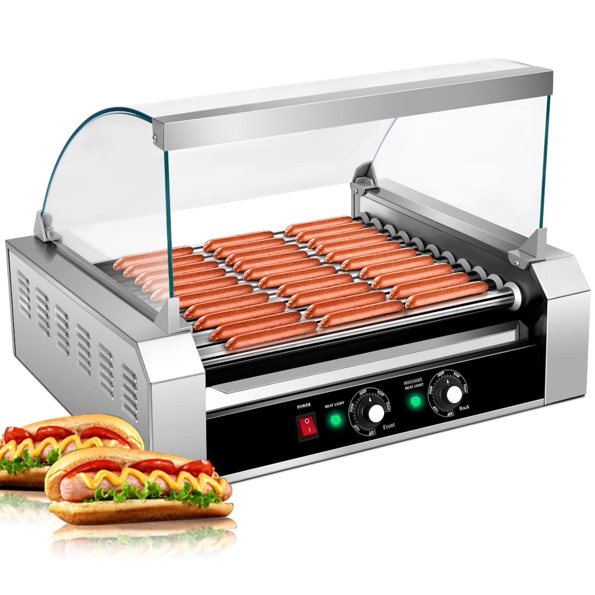 KOTEK Hot Dog Roller Machine, 30 Hot Dog and 11 Non-Stick Roller, Sausage Grill Cooker Machine with Glass Cover, Drip Tray, Dual Temperature Control for Commercial and Household Use (11 Rollers)