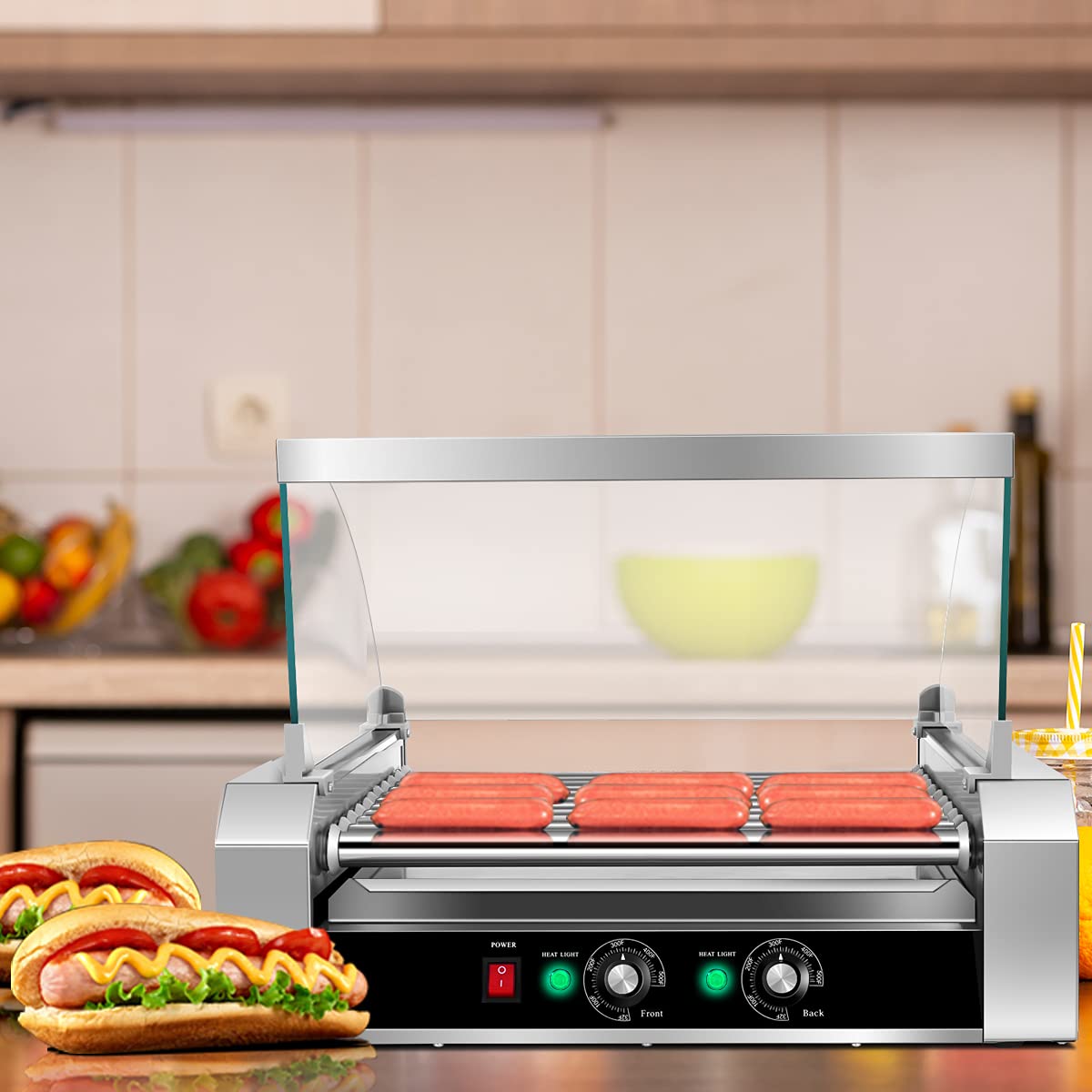 KOTEK Hot Dog Roller Machine, 30 Hot Dog and 11 Non-Stick Roller, Sausage Grill Cooker Machine with Glass Cover, Drip Tray, Dual Temperature Control for Commercial and Household Use (11 Rollers)