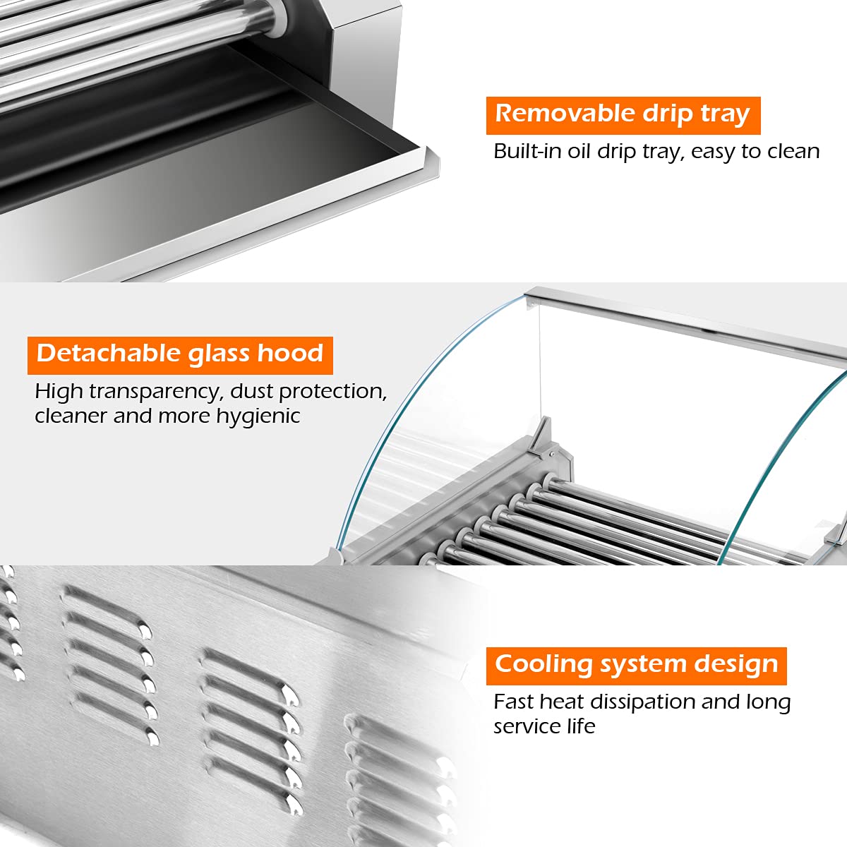 KOTEK Hot Dog Roller Machine, 30 Hot Dog and 11 Non-Stick Roller, Sausage Grill Cooker Machine with Glass Cover, Drip Tray, Dual Temperature Control for Commercial and Household Use (11 Rollers)