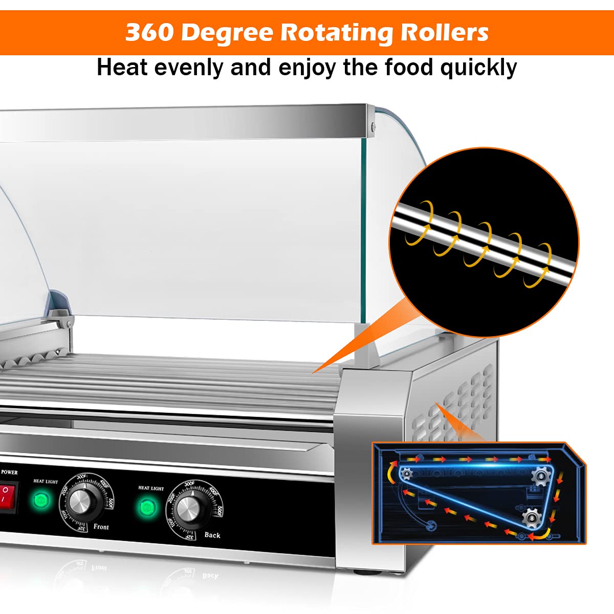 KOTEK Hot Dog Roller Machine, 30 Hot Dog and 11 Non-Stick Roller, Sausage Grill Cooker Machine with Glass Cover, Drip Tray, Dual Temperature Control for Commercial and Household Use (11 Rollers)