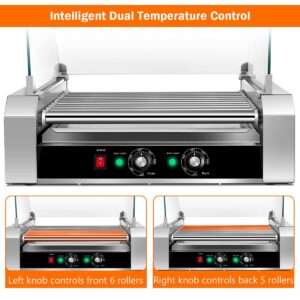 KOTEK Hot Dog Roller Machine, 30 Hot Dog and 11 Non-Stick Roller, Sausage Grill Cooker Machine with Glass Cover, Drip Tray, Dual Temperature Control for Commercial and Household Use (11 Rollers)