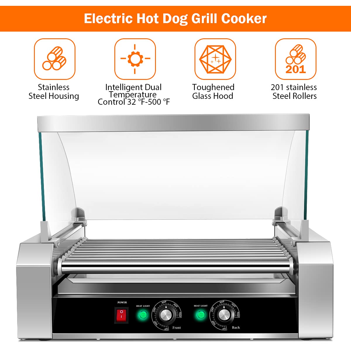 KOTEK Hot Dog Roller Machine, 30 Hot Dog and 11 Non-Stick Roller, Sausage Grill Cooker Machine with Glass Cover, Drip Tray, Dual Temperature Control for Commercial and Household Use (11 Rollers)