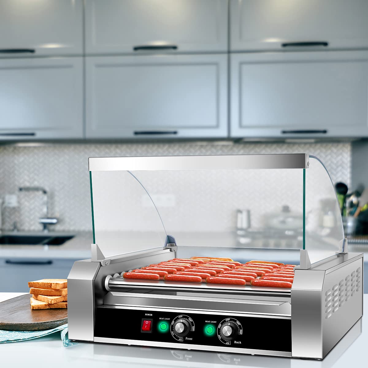 KOTEK Hot Dog Roller Machine, 30 Hot Dog and 11 Non-Stick Roller, Sausage Grill Cooker Machine with Glass Cover, Drip Tray, Dual Temperature Control for Commercial and Household Use (11 Rollers)