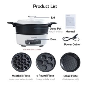 Joydeem 4 in 1 Multifunctional Cooking Pot JD-3702W, Compact Hot Plate for Hot Pot Indoor Grill and Takoyaki, Suitable for 3~5 people, Multi Temperature Control, White, 1400W