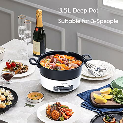 Joydeem 4 in 1 Multifunctional Cooking Pot JD-3702W, Compact Hot Plate for Hot Pot Indoor Grill and Takoyaki, Suitable for 3~5 people, Multi Temperature Control, White, 1400W