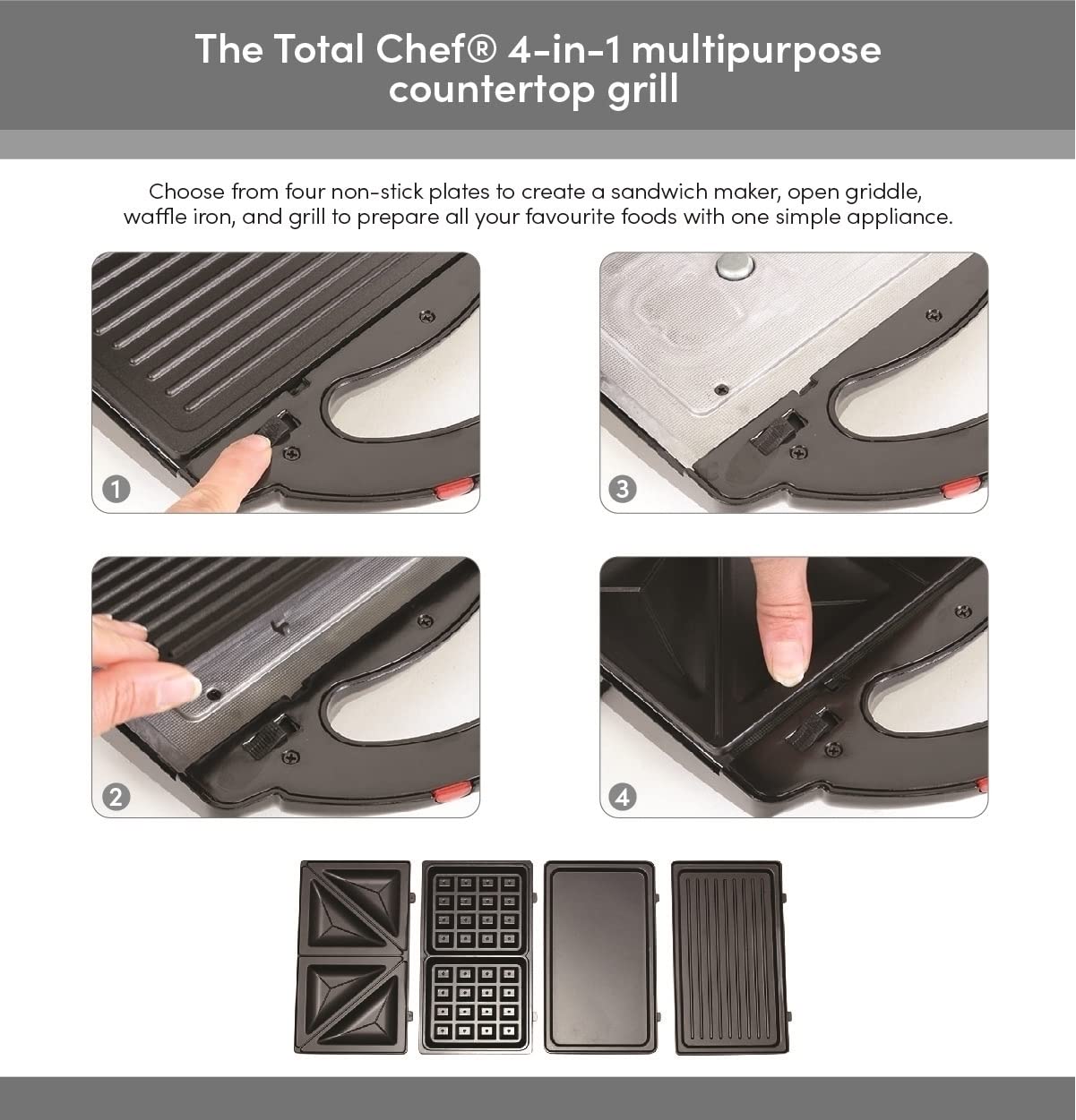 Total Chef 4-in-1 Waffle Maker, Indoor Grill, Sandwich Maker, Panini Press, Electric Griddle, Toaster, Removable Non-Stick Cast Iron Plates, Perfect for Grilled Cheese, Breakfast, Omelets