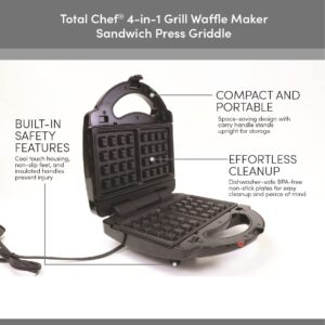 Total Chef 4-in-1 Waffle Maker, Indoor Grill, Sandwich Maker, Panini Press, Electric Griddle, Toaster, Removable Non-Stick Cast Iron Plates, Perfect for Grilled Cheese, Breakfast, Omelets