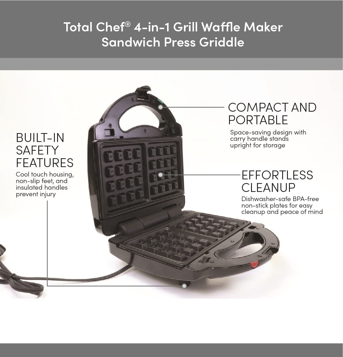 Total Chef 4-in-1 Waffle Maker, Indoor Grill, Sandwich Maker, Panini Press, Electric Griddle, Toaster, Removable Non-Stick Cast Iron Plates, Perfect for Grilled Cheese, Breakfast, Omelets