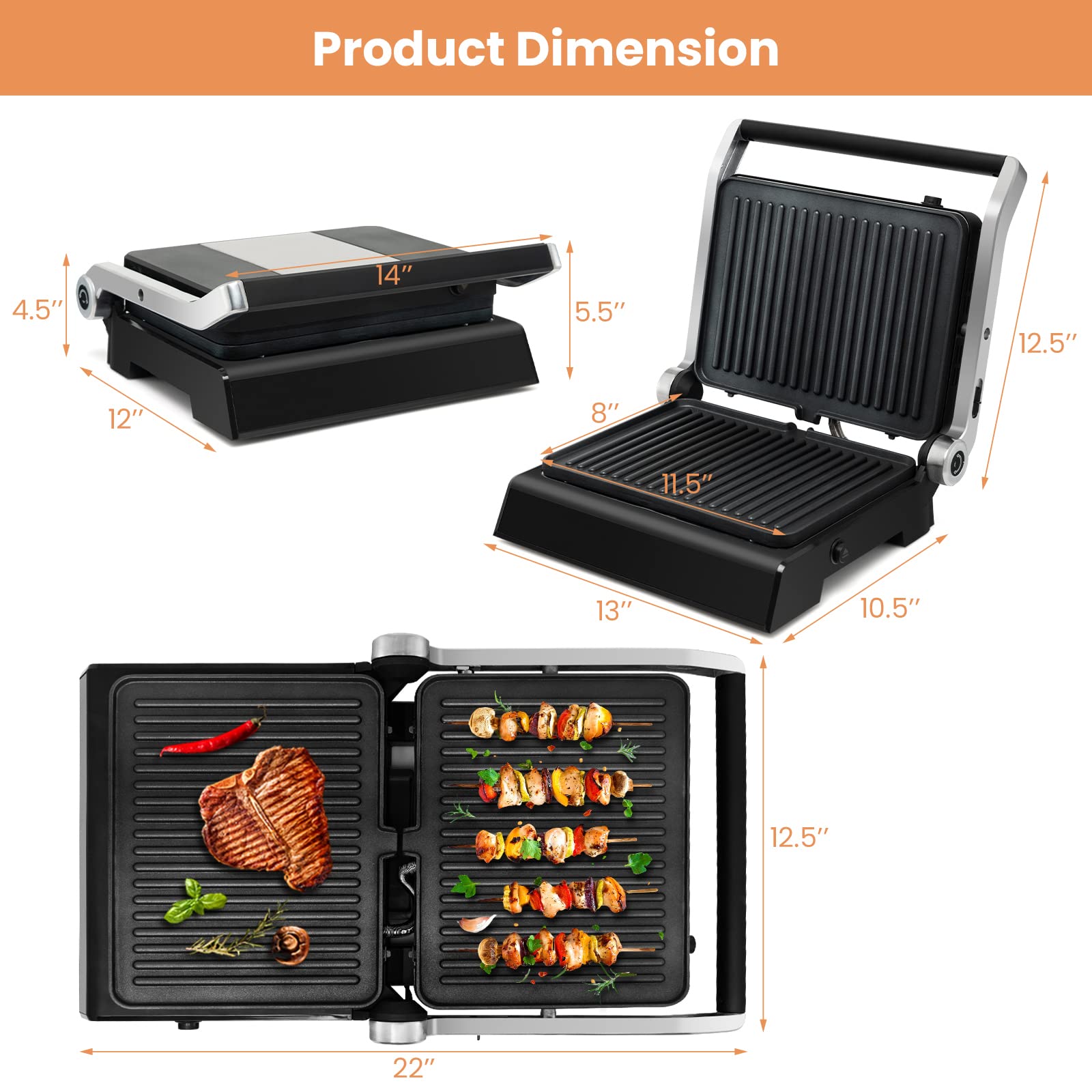 PETSITE Panini Press Sandwich Maker, Electric Grill with 2 Detachable Non-stick Plates, Independent Temperature Control, 4H Timer, 5 Auto Modes & Drip Tray, Black