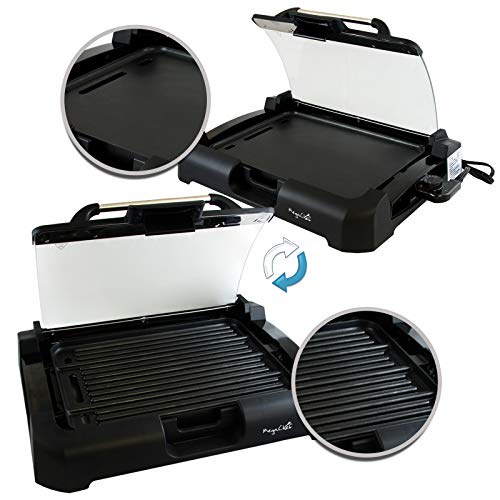 MegaChef Heavy Gauge Aluminum Reversible Indoor Grill and Griddle with Removable Glass Lid, 15" by 11", Black