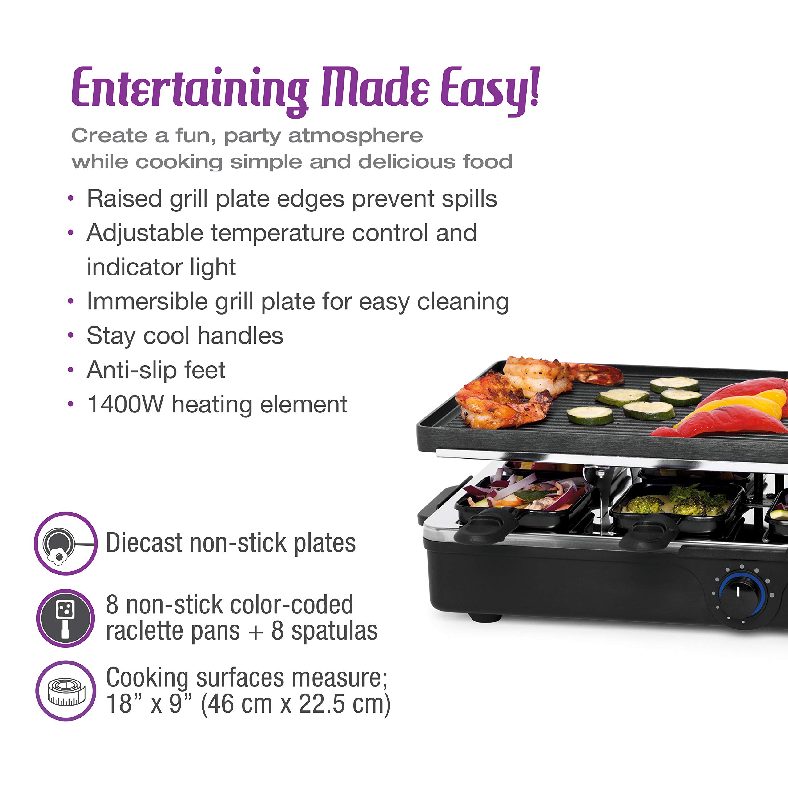 Salton Raclette Indoor Electric Party Grill & Raclette, 8 Person, Black