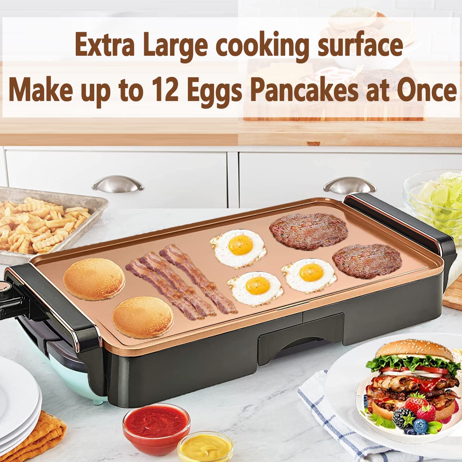 Extra-Large Nonstick Ceramic Electric Griddle - Make up to 12 Pancakes or Eggs at Once