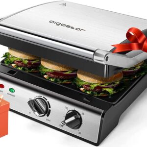 Aigostar Panini Press with removable plates, Electric Indoor Grill Smokeless, with Non-Stick Coated Plates, Opens 180 Degrees, Stainless Steel Sandwich Maker with Temperature Control & Timer, 1500W