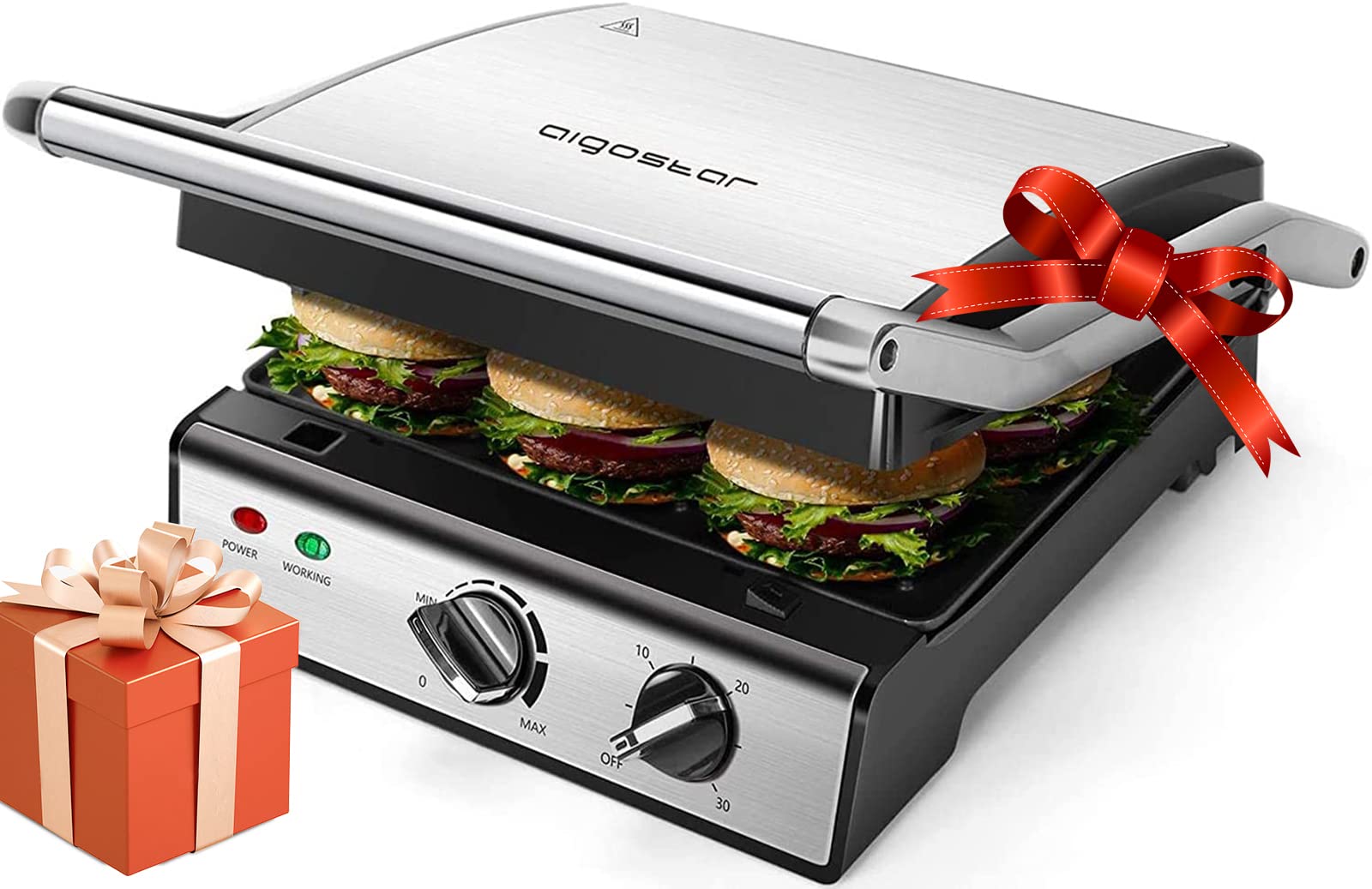 Aigostar Panini Press with removable plates, Electric Indoor Grill Smokeless, with Non-Stick Coated Plates, Opens 180 Degrees, Stainless Steel Sandwich Maker with Temperature Control & Timer, 1500W