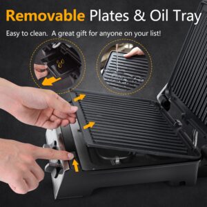 Aigostar Panini Press with removable plates, Electric Indoor Grill Smokeless, with Non-Stick Coated Plates, Opens 180 Degrees, Stainless Steel Sandwich Maker with Temperature Control & Timer, 1500W