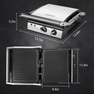 Aigostar Panini Press with removable plates, Electric Indoor Grill Smokeless, with Non-Stick Coated Plates, Opens 180 Degrees, Stainless Steel Sandwich Maker with Temperature Control & Timer, 1500W