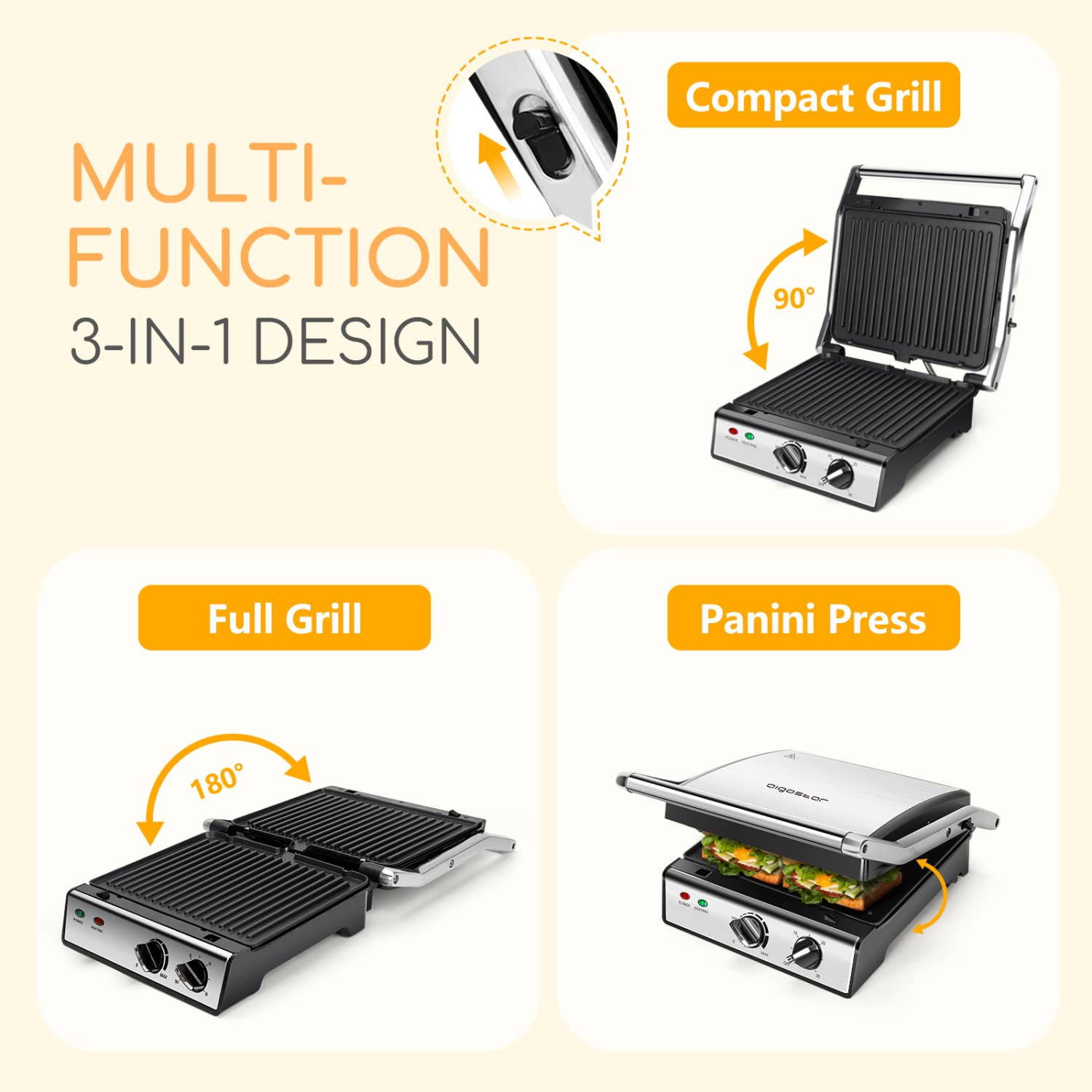 Aigostar Panini Press with removable plates, Electric Indoor Grill Smokeless, with Non-Stick Coated Plates, Opens 180 Degrees, Stainless Steel Sandwich Maker with Temperature Control & Timer, 1500W