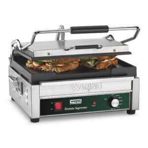 waring commercial wfg250 tostato supremo® large flat toasting grill, 120v, 1800w, 5-15 phase plug, silver