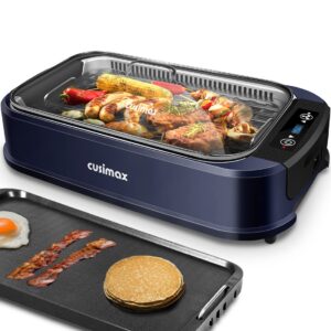 smokeless indoor grill, cusimax electric grill with tempered glass lid, 1500 indoor grill & flat top griddle for cusimax smokeless grills, pancake griddle plate, dishwashe-safe, blue