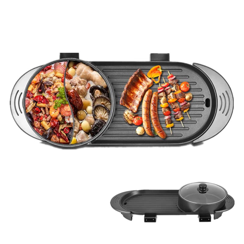 Hot Pot With Grill Electric 2 in 1 Barbecue Grill Pot Shabu Pot Non-stick BBQ Grill Dual Temperature Control Smokeless Hot Pot Grill for Simmer Boil Fry Grill