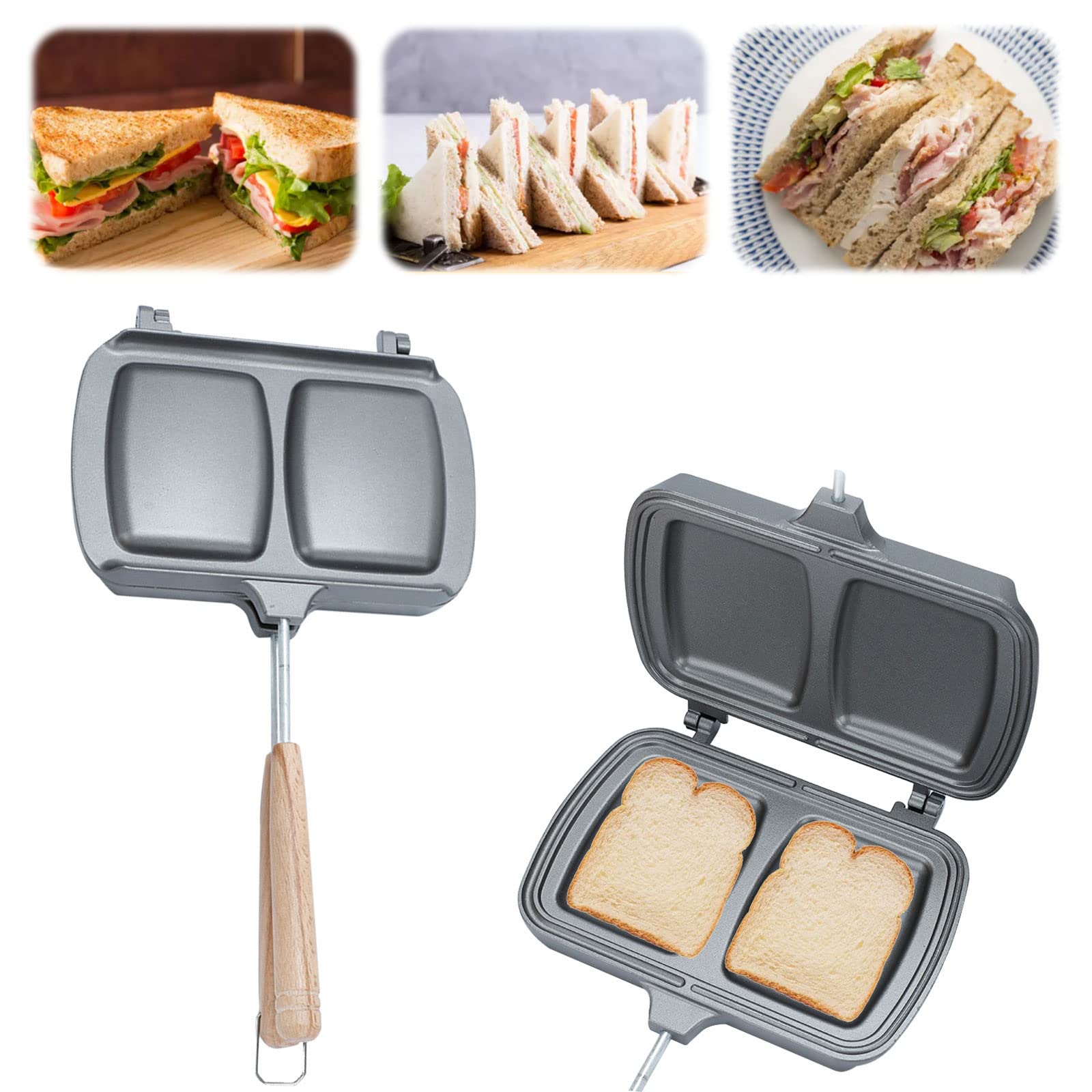 Double-Sided Sandwich Baking Pan, Double Sided Frying Pan, Sandwich Grill Gas Stove Grilled Cheese Maker Nonstick Sandwich Maker Flip Grill Pan for Breakfast Pancakes, Removable Handle (Style 2)